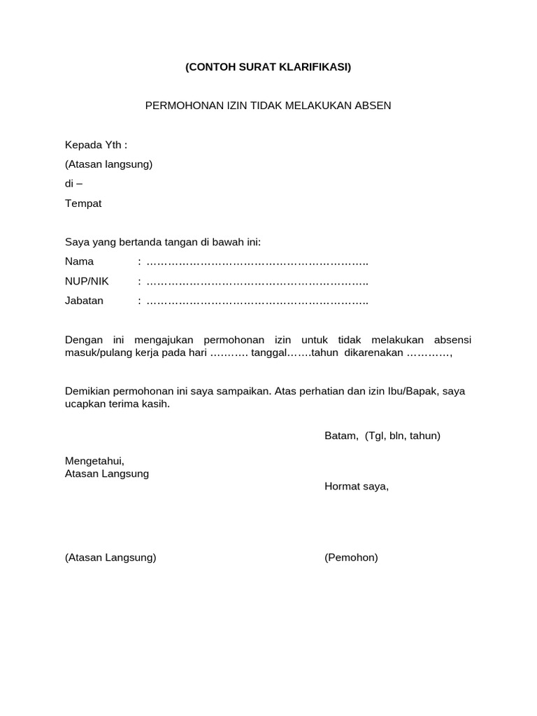 Contoh Form Klarifikasi Absen Atasan Langsung | PDF