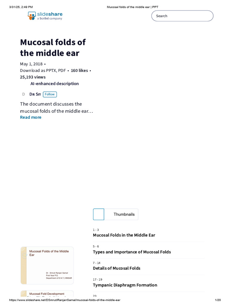 Mucosal Folds in the Middle Ear | PDF | Sensory Organs | Human Head And ...