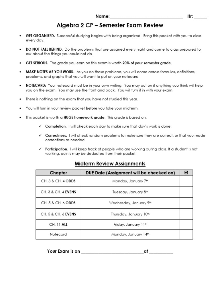 Algebra 2 CP Midterm Exam Review Guide | PDF | Quadratic Equation ...