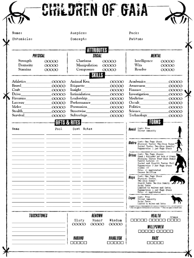 Werewolf the Apocalypse 5th Edition Character Sheet - Werewolf ...
