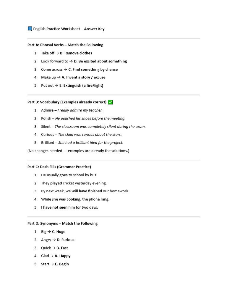 ? English Practice Worksheet Ans | PDF
