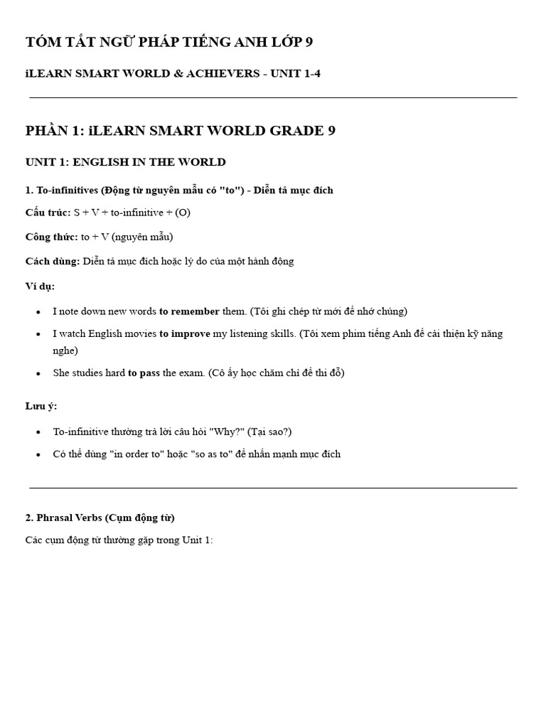 Tóm Tắt Ngữ Pháp Tiếng Anh Lớp 9 - Unit 1-4 | PDF