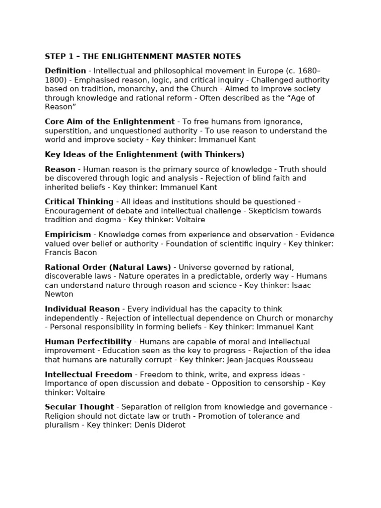 Enlightenment Movement Master Notes | PDF | Reason | Age Of Enlightenment