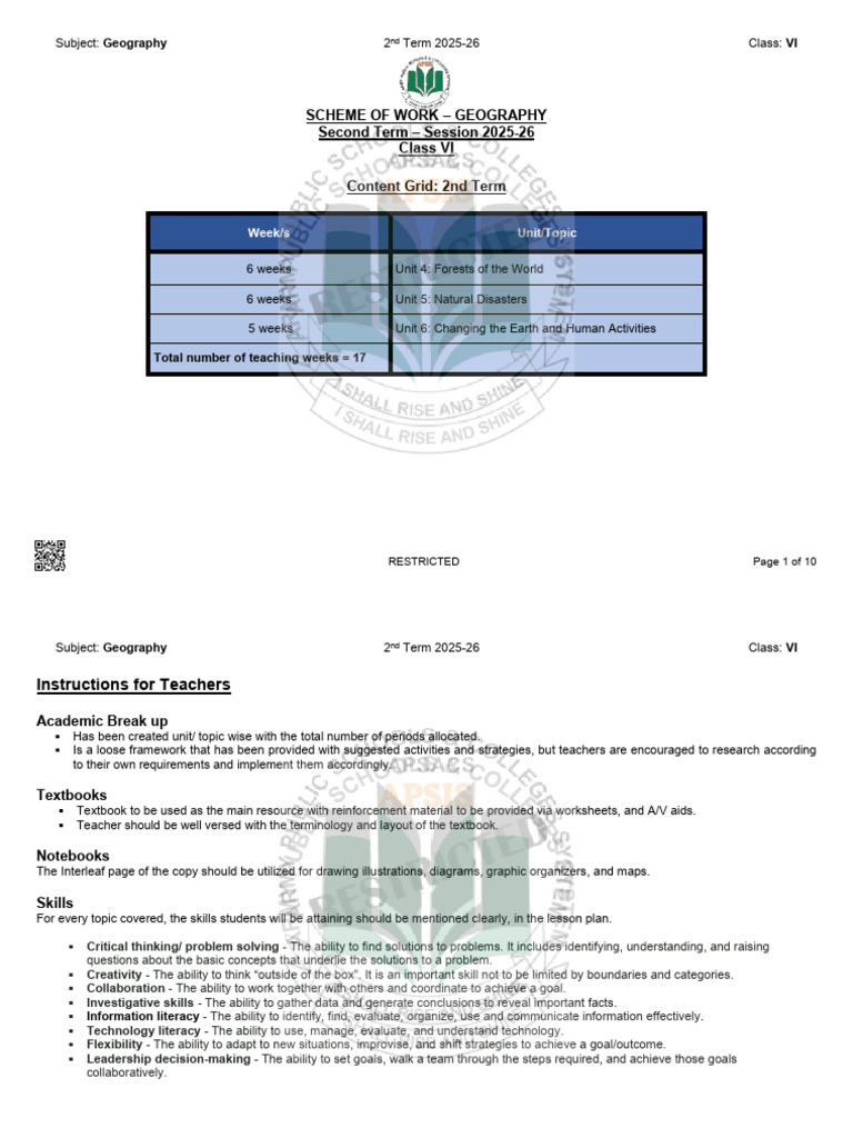 Geography Scheme of Work for Class VI | PDF | Forests | Mountains