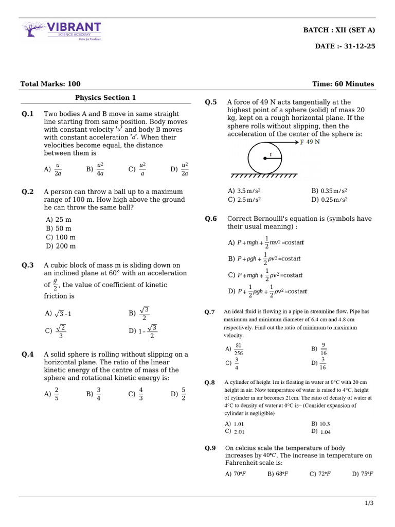 Jee Mains Pcm Mojor Mock 2 Question Paper Set a 311225 | PDF | Gases ...