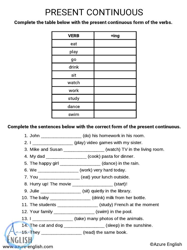 Present Continuous Verb Exercises | PDF