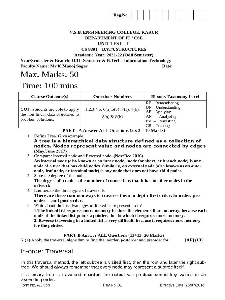 Unit Test II_Set I With Ans (1) | PDF | Algorithms And Data Structures ...