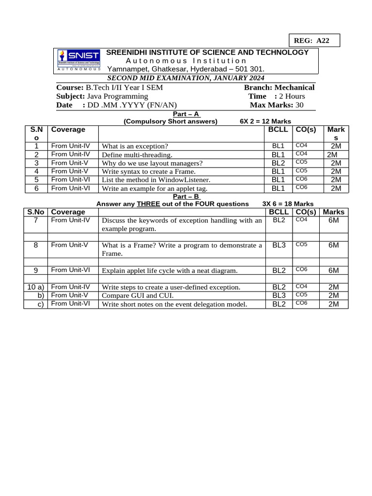 B.Tech Java Programming Mid Exam 2024 | PDF