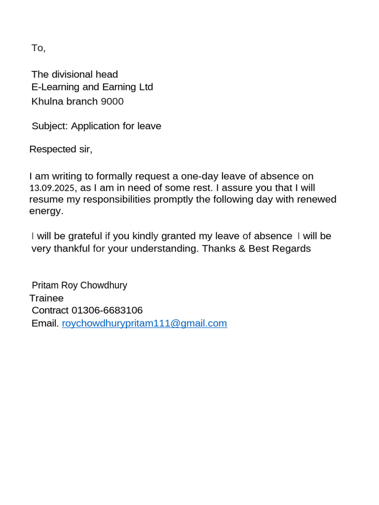 Leave Application for One Day Absence | PDF
