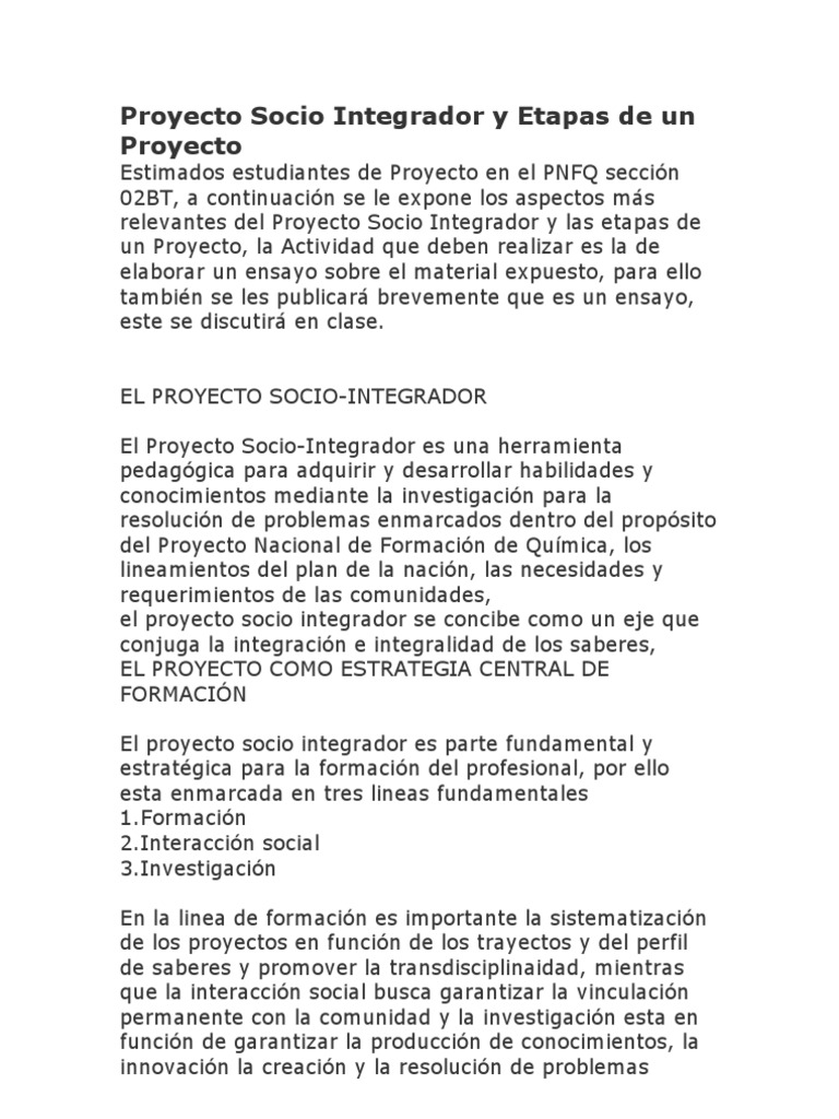 Proyecto Socio Integrador y Etapas de Un Proyecto | Comunidad ...