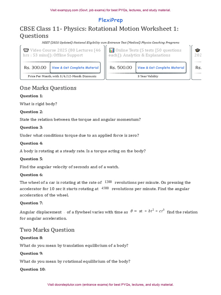 CBSE-Class-11-Physics-Rotational-Motion-Worksheet-1 | PDF | Rotation ...