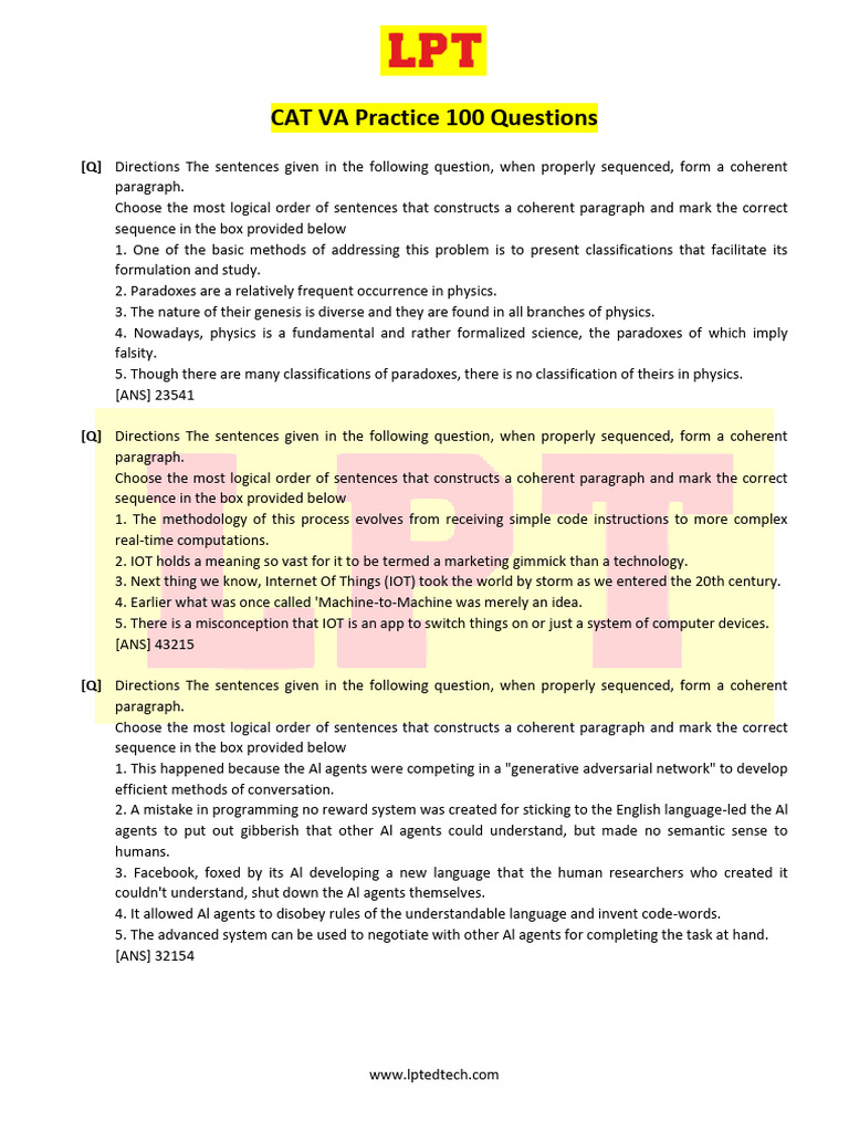 CAT VA Practice: 100 Sequencing Questions | PDF | Consciousness ...