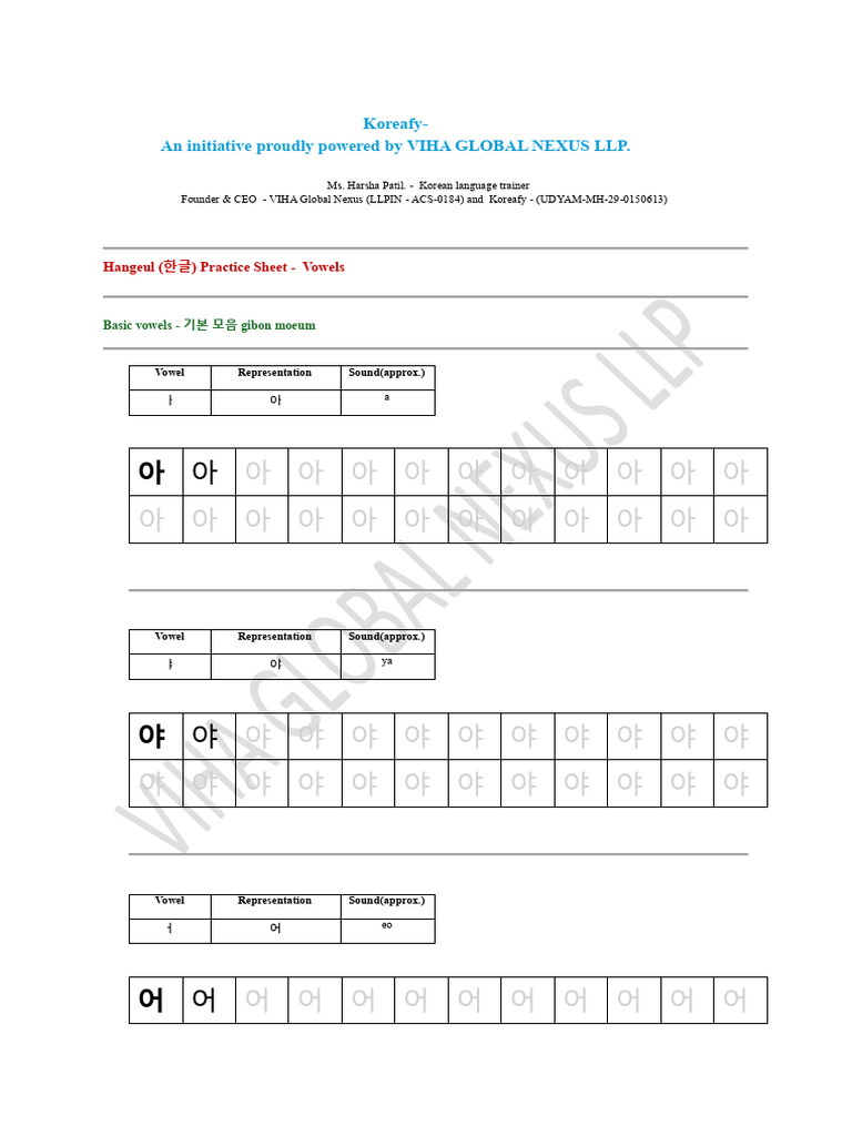 Koreafy-Korean Vowels Practice Sheet With Syllable Block Structures | PDF