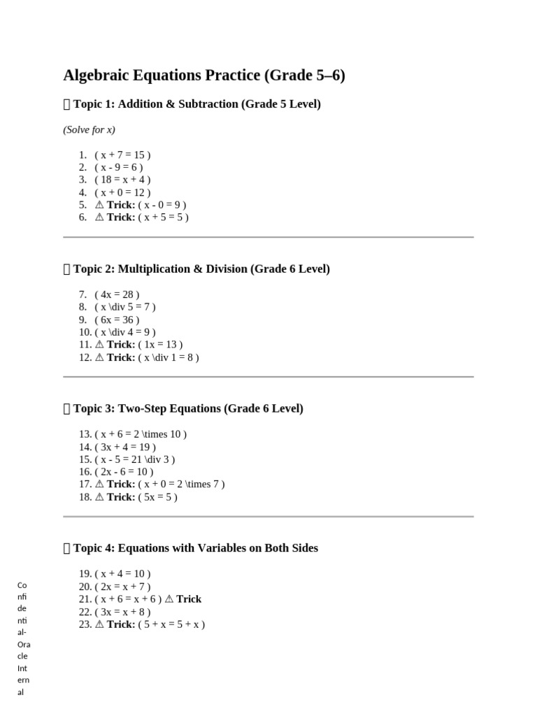 Algebraic Equations Practice | PDF | Equations | Mathematics
