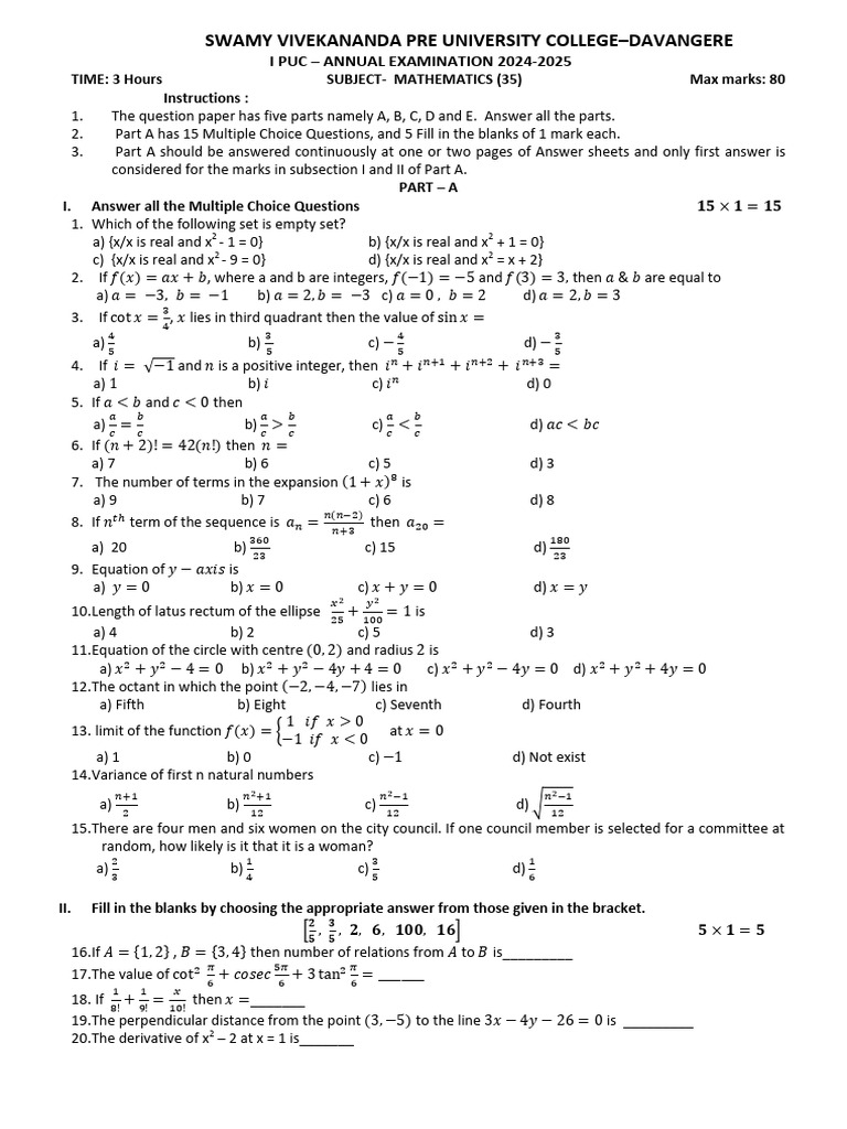 Mathematics Exam Paper I PUC 2024-25 | PDF | Elementary Geometry ...