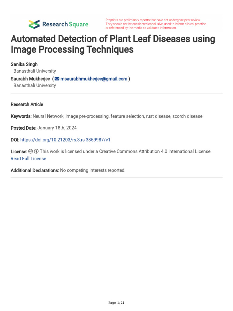 Automated Detection of Plant Leaf Diseases Using I | PDF | Deep ...