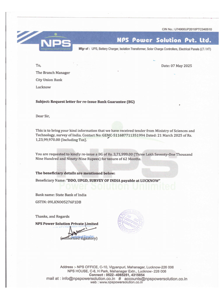 Request Letter for Re-Issue BG | PDF