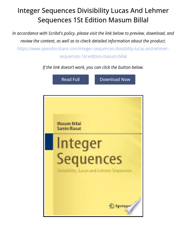 Integer Sequences Divisibility Lucas and Lehmer Sequences 1st Edition Masum Billal | PDF ...