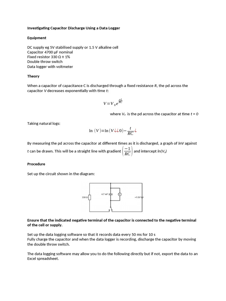 Capacitor Discharge Experiment Guide | PDF | Capacitor | Electrical ...