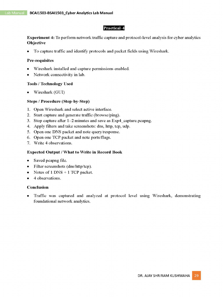 Lab-4 to Perform Network Traffic Capture and Protocol-level Analysis for Cyber Analytics | PDF