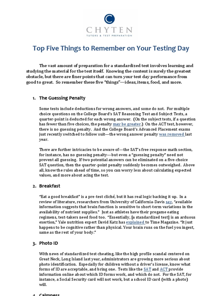 Top 5 Things To Remember On Your Testing Day | PDF | Sat | Standardized ...
