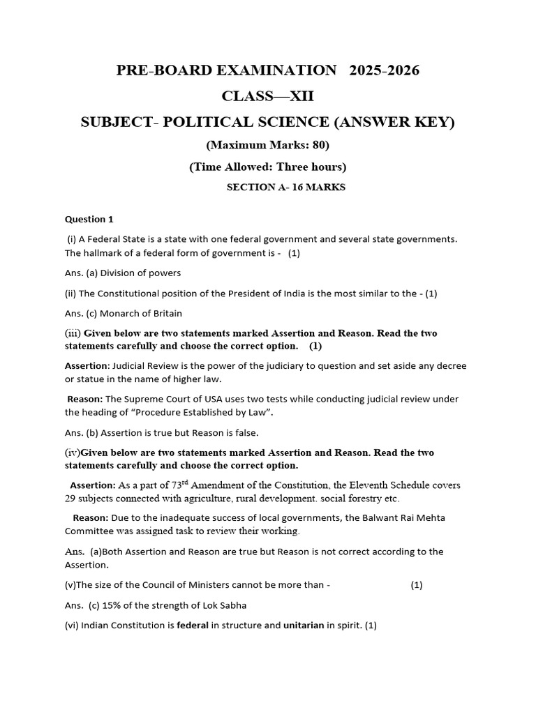 Political Science Class XII Exam Answer Key | PDF | Government | Governance