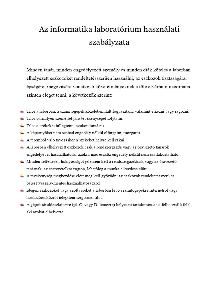 Az Informatika Laboratórium Használati Szabályzata | PDF