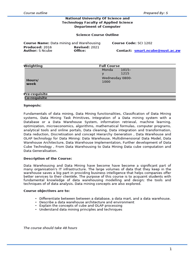 dataming and data warehousing course outline sia 1202 | PDF | Data Warehouse | Data Mining