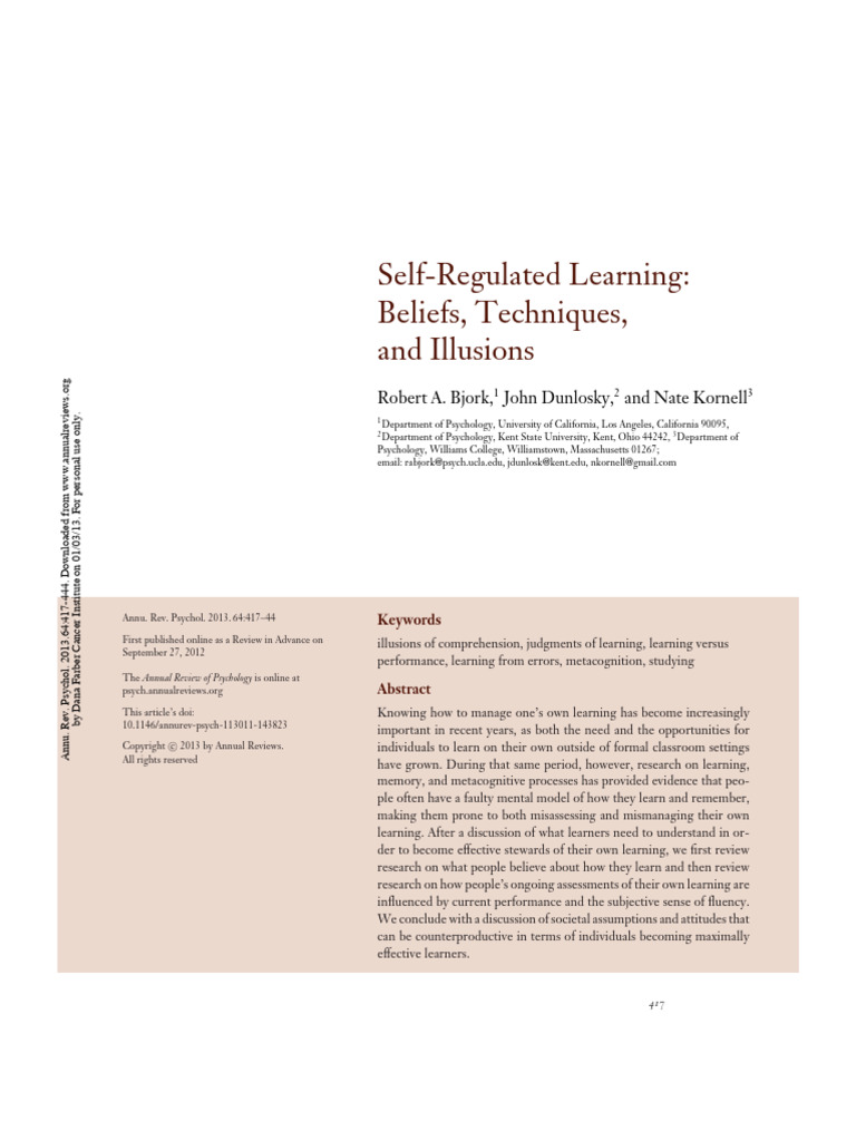 Bjork Et Al. 2013 - Self-regulated Learning - Beliefs, Techniques, And ...