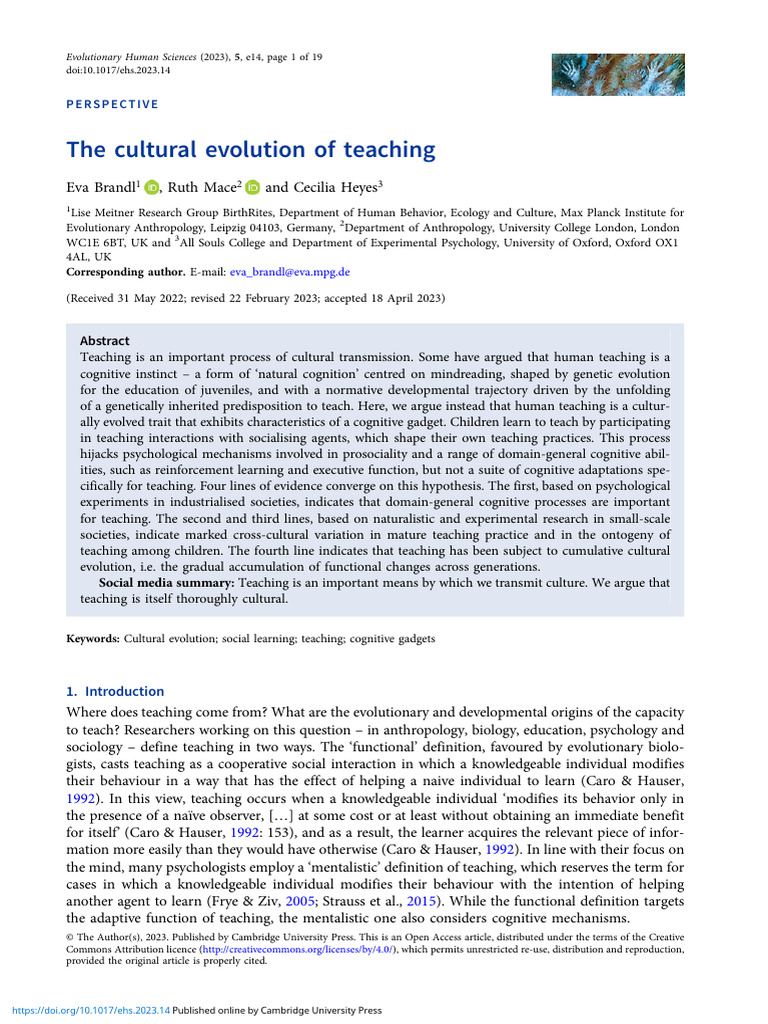 Brandl, E., Mace, R., & Heyes, C. (2023). the Cultural Evolution of ...