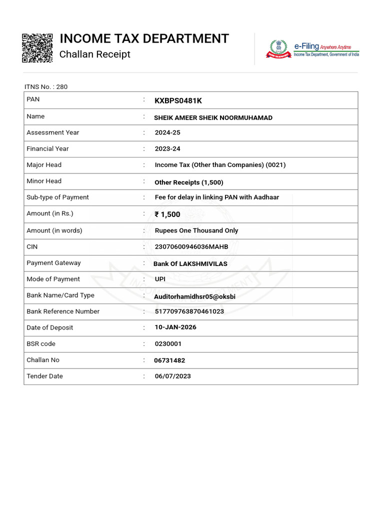 712417868 Pan Adhar Link ChallanReceipt (1) | PDF | Payments | Taxes