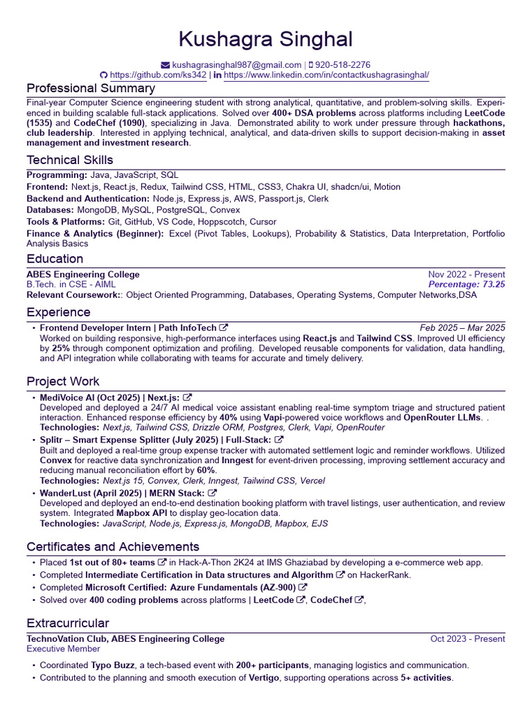 Kushagra Resume | PDF | Databases | Software Development