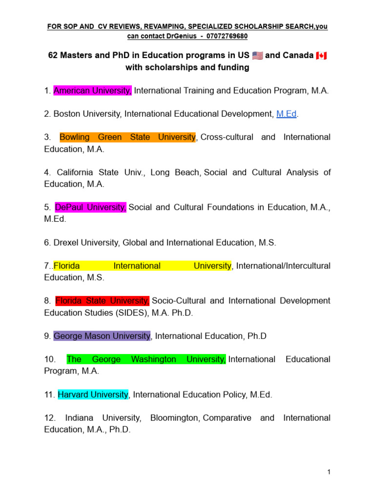62 Masters and PhD in Education programs in US ?? and Canada ?? with ...