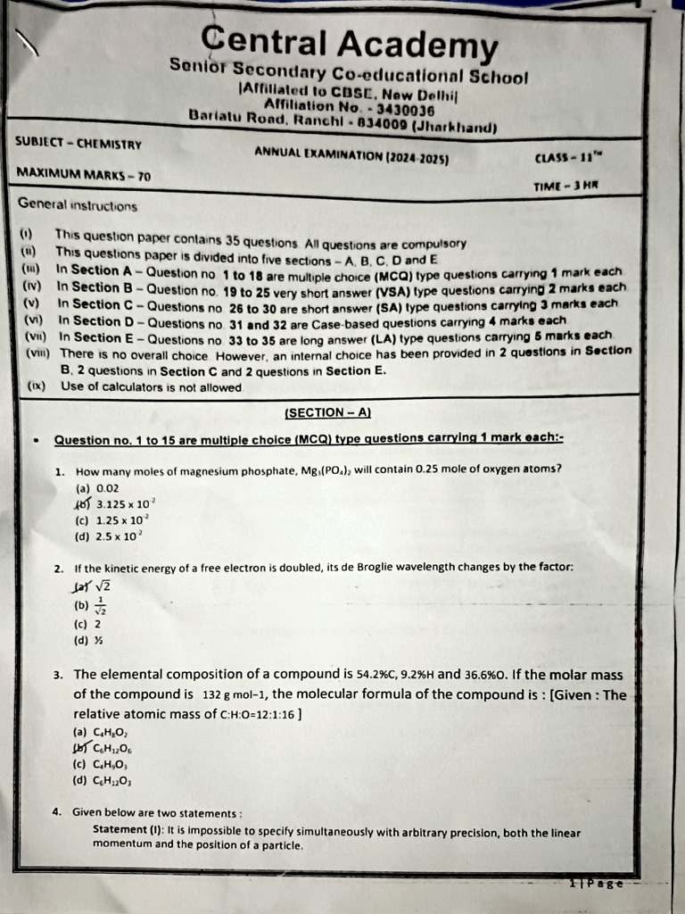 Chemistry Class 11 Paper | PDF
