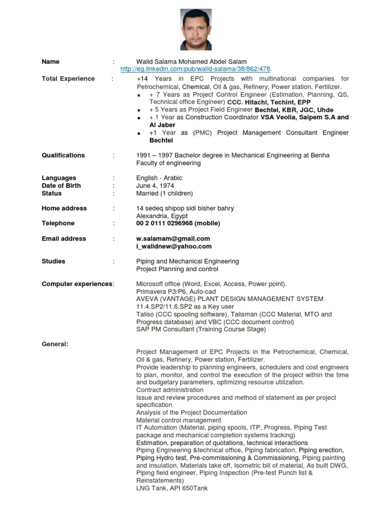 Multidisciplinary Engineer CV For Project Engineering and Project ...