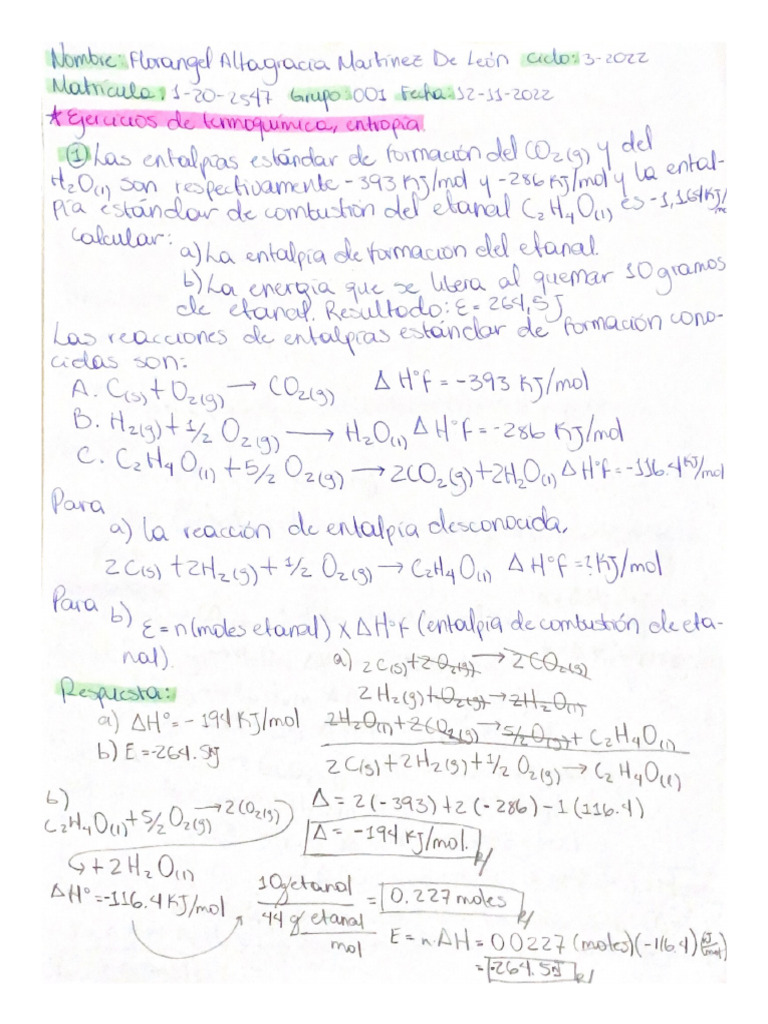 Termoquímica - Ejercicios, Florangel Martínez (1) | PDF