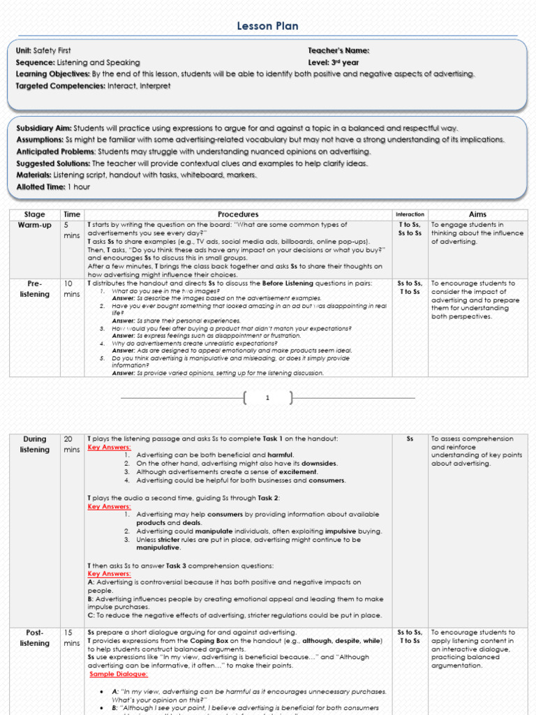 14 Listening Advertising Lesson Plan Plan It & Teach | PDF ...