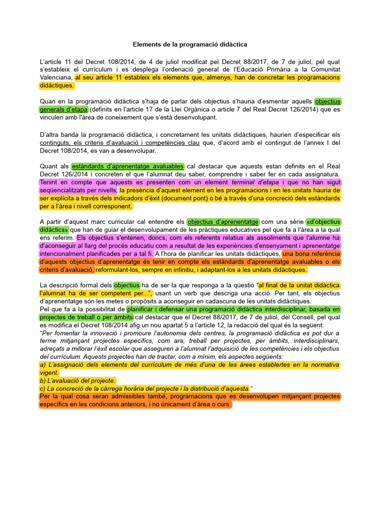 Elements de La Programació Didàctica EF PRIM | PDF