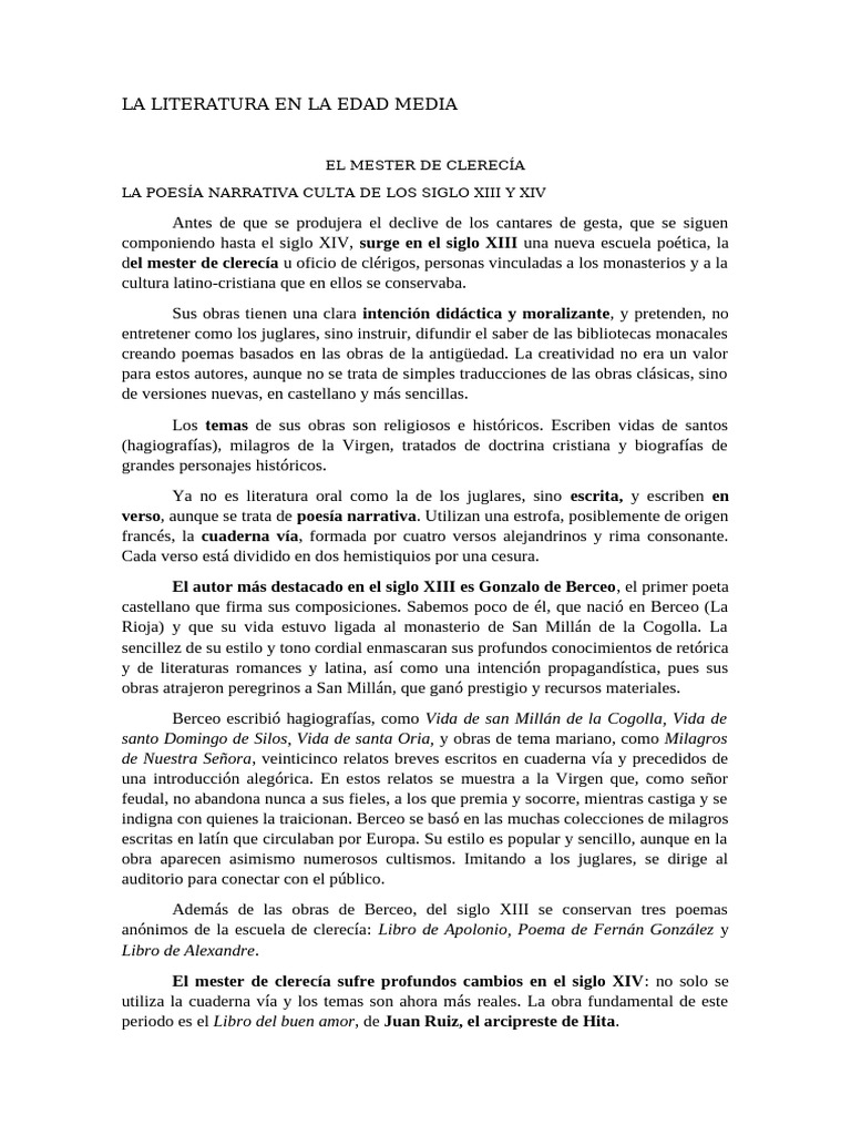 2. Literatura Medieval. Mester de Clerecía | PDF