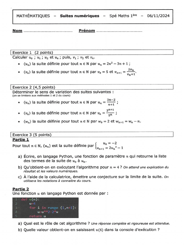 Scan Du Contrôle Sur Les Suites Et Son Corrigé | PDF