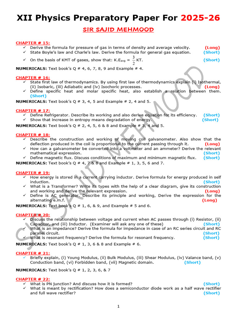 12 Physics Preparator Paper 2025-26 | PDF | Rectifier | Electrical Impedance