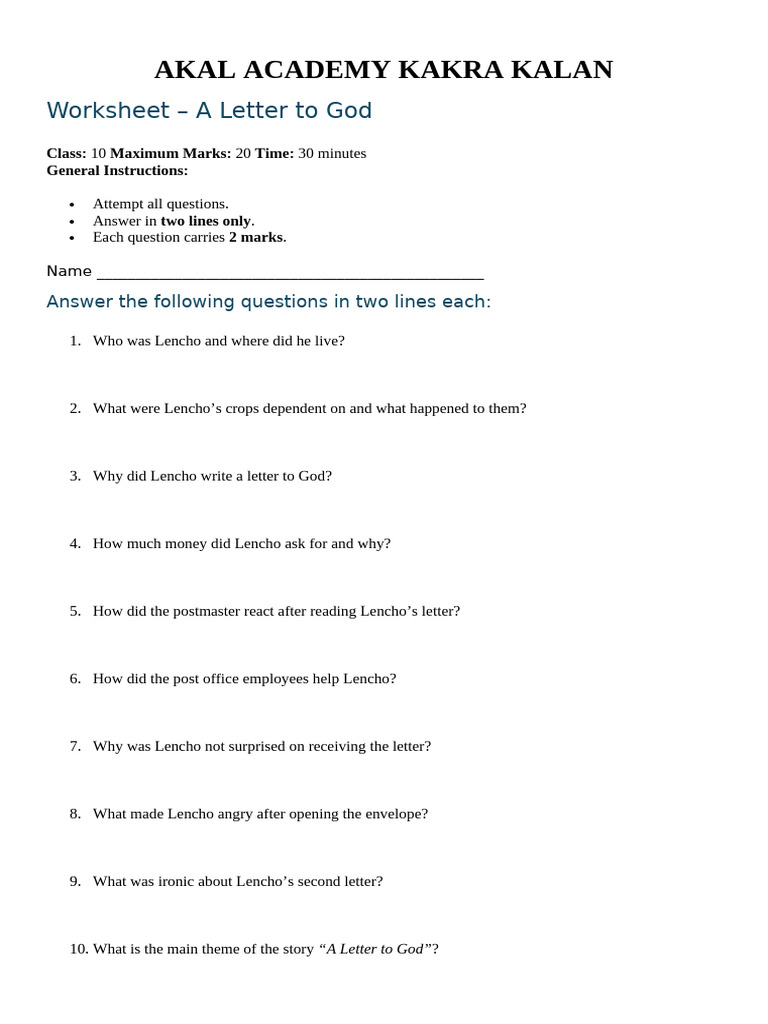 Worksheet – a Letter to God | PDF
