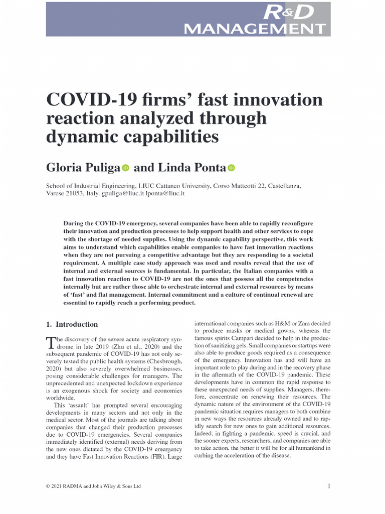 COVID‐19 Firms’ Fast Innovation Reaction Analyzed Through Dynamic ...