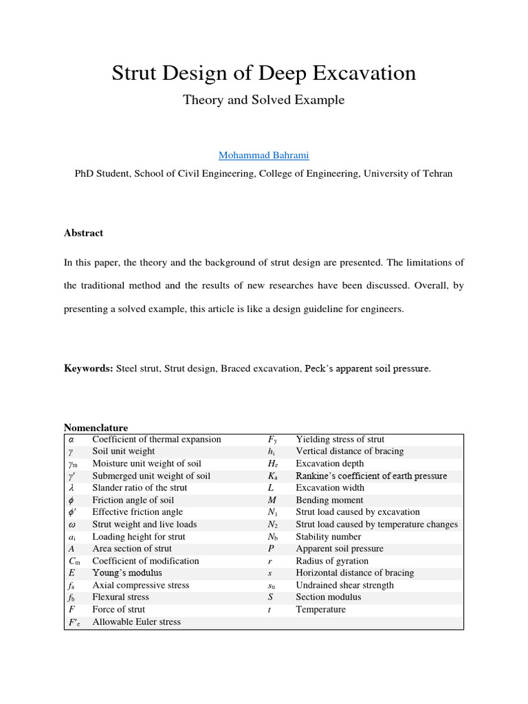 Strut Design of Deep Excavation Theory A | PDF | Applied And ...