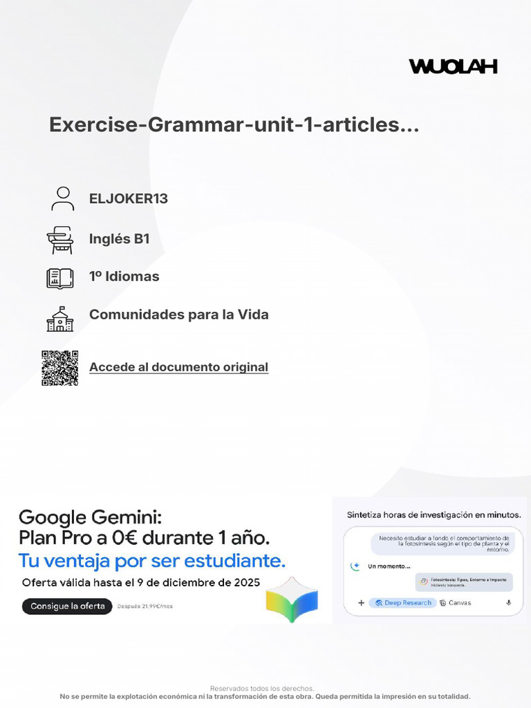 Exercise Grammar Unit 1 Articles | PDF