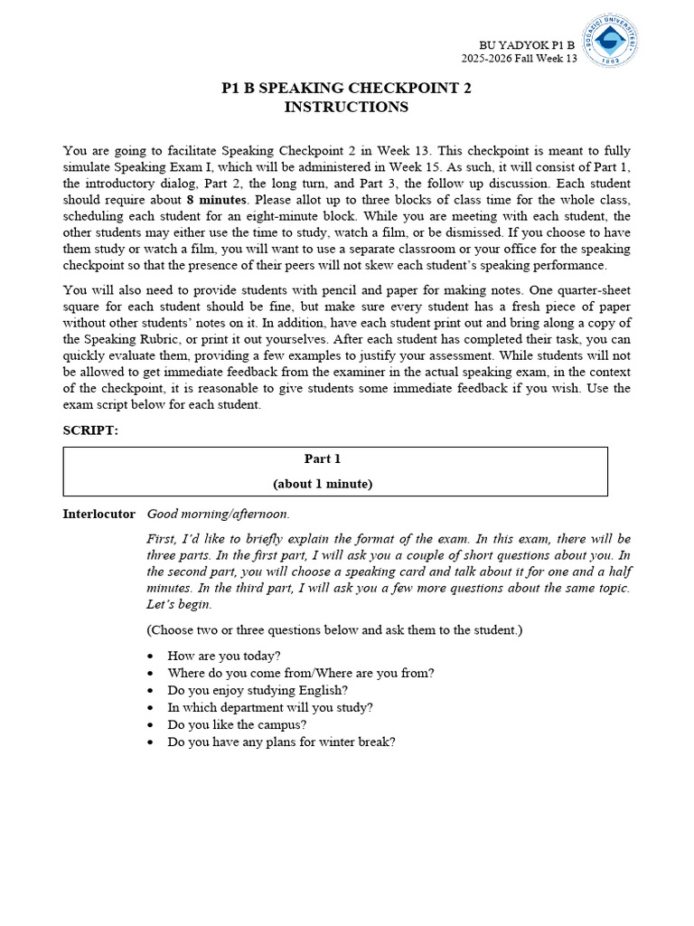 Speaking Checkpoint 2 Instructions | PDF | Behavior Modification | Learning