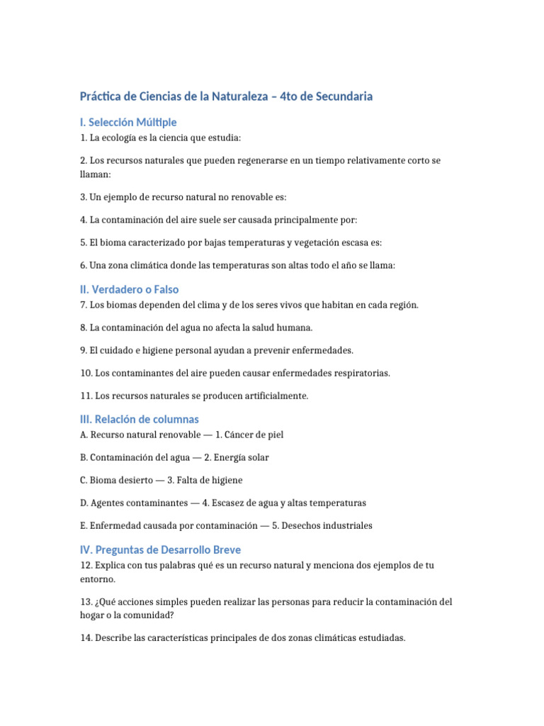 Práctica de Ciencias Naturales 4to Secundaria | PDF