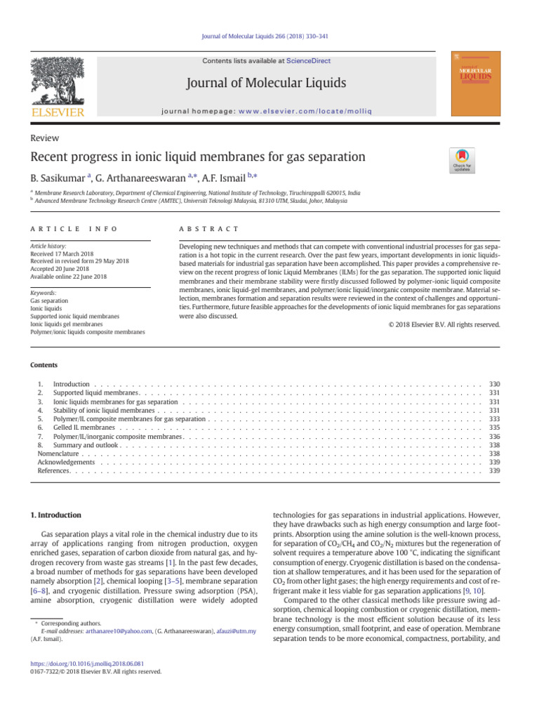 Recent progress in ionic liquid membranes for gas separation | PDF | Gel | Cell Membrane
