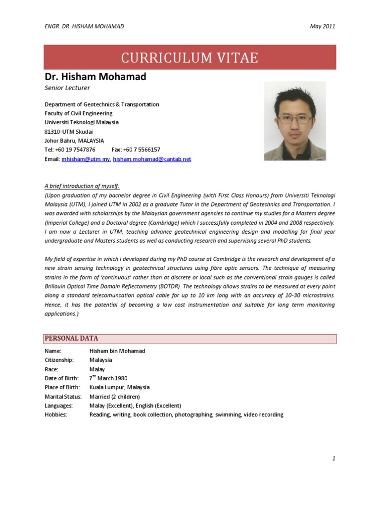 CV Dr. Hisham Bin Mohamad Oct 2011 | PDF | Geotechnical Engineering | Academic Degree