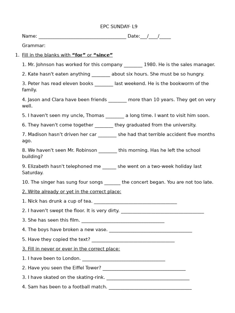 Grammar Exercises: For, Since, Already, Yet | PDF